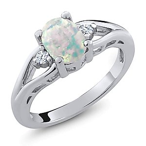 Gem Stone King 925 Sterling Silver White Simulated Opal & White Created Sapphire 3 Stone Engagement Ring For Women | 1.13 Cttw | Oval Cabochon 8X6MM | Round 2MM | Gemstone October Birthstone
