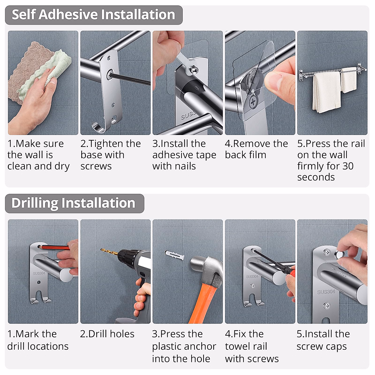 Tanice Double Towel Rail, Stainless Steel Towel Rail Retractable 40-70 Cm/15.75-27.56 Inch Towel Rack Wall Mounted with Screws for Bathroom and Kitchen