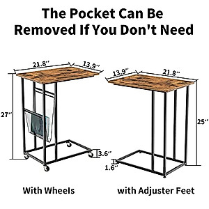 EKNITEY Small Couch Side Table - 21.8 * 13.9" Enlarged Tabletop Industrial End Table Convenient C Shaped Snack Table with Side Pocket for Living Room, Laptop, Bedroom, and Small Spaces (Rustic Brown)