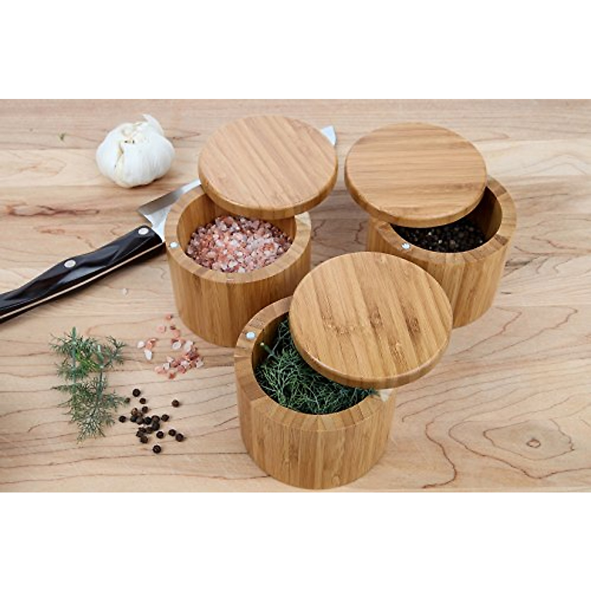 Lily's Home Round Bamboo Jar, Salt and Spices Storage Containers, Small 6oz Salt Box With Magnetic Lock. Set of 3 Wood Boxes