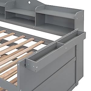 Flieks Wooden Daybed, Twin XL Bed Frame with 2 Twin Trundles, Storage Shelf, and USB Charging Ports, Wood Slat Support, No Box Spring Needed, Easy Assembly, Grey