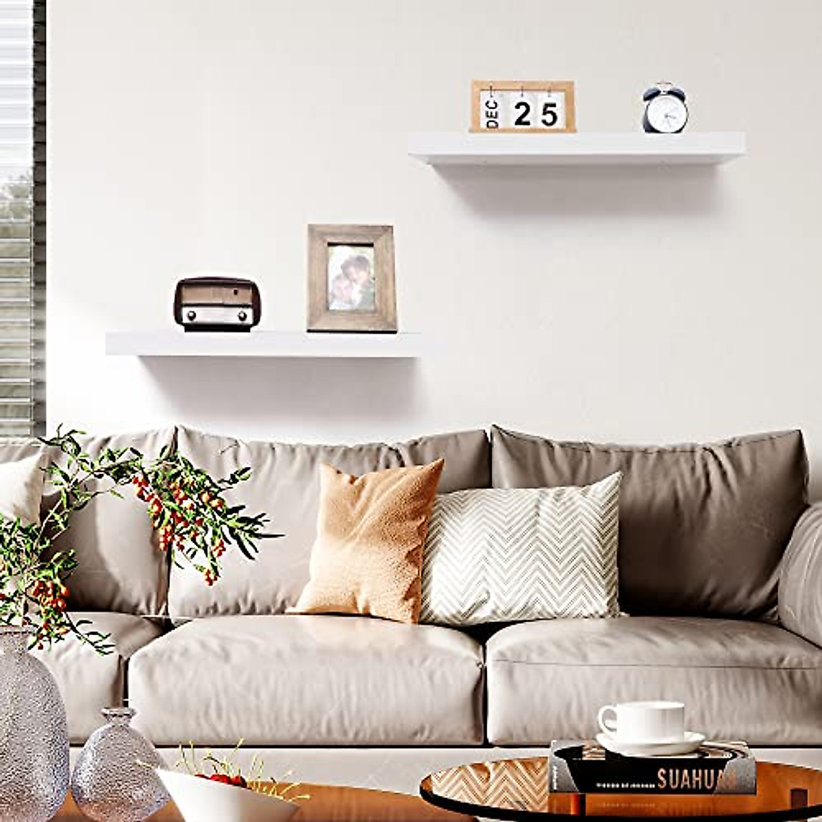 Axeman Floating Shelves, 2 Pack 8 Inch Deep Modern Solid Wood Wall Shelves for Storage, Wall Mounted Display Shelving with Invisible Heavy-Duty Metal Bracket, 24" W x 8" D x 1.6" H, Snow White