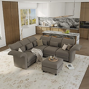 LLappuil Velvet Modular Sectional Sofa L Shaped Corner Couch with Storage Chaise, 102.2" 6-Seater Oversized Sofa with Ottoman, High Back Recliner Sleeper Couches, Anti-Scratch Brown