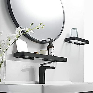 VOLPONE Bathroom Wall Shelf Black Glass Shelves 15.7in Bathroom Shelves with Towel bar Towel Shelf Wall Mounted 2 Tier