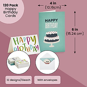 120 Pack Assorted Birthday Greeting Cards with Envelopes, 12 Designs, Blank Inside, Bulk Boxed Set (4x6 In)