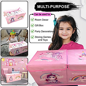 NINOSTAR Girls Unicorn Toy Storage Chest Glowing Décor Functional Organizer Cube Drop Fabric Box with Handles Perfect for Games, Parties, Birthdays