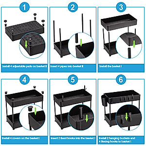 Spurtar 2 Pack Under Sink Organizers and Storage, 2 Tier Bathroom Under Cabinet Storage Multi-purpose Under Sink Storage Rack Bath Collection Baskets for Kitchen with 2 Cups and 12 Hooks, Black