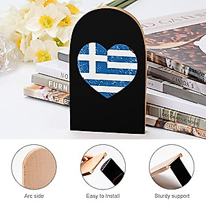 Greece Heart Love Retro Flag Wood Book Ends for Shelves Non-Skid Bookend Book Stand Book Holder Stopper for Home Office School