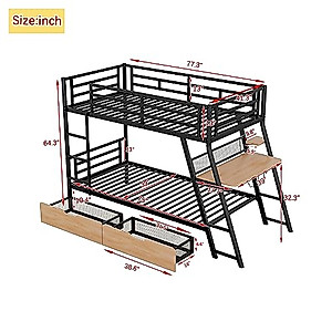 SIYSNKSI Twin Size Bunk Bed with Built-in Desk and 2 Drawers, Metal Bunk Bed Frame with Light and Metal Slat Support for Kids Teens Boys Girls Bedroom, No Box Spring Needed