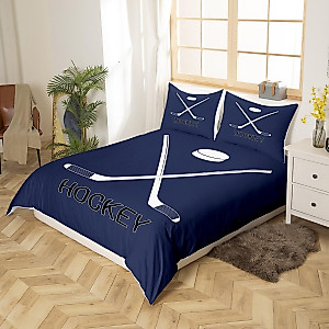 Ice Hockey Duvet Cover Queen, Ball Sports Gaming Bedding Set Ice Hockey Gifts For Boys, Equipments Stick And Puck Comforter Cover Winter Sports Games Quilt Cover With 2 Pillow Cases, Dark Blue