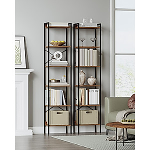 Hzuaneri Bookshelf, Book Shelf, Industrial Bookcase with 2 Hooks, Coner Shelf Storage Organizer for Home Office, Living Room, Bedroom, Kitchen, 6-Tier Rustic Brown BC10701B