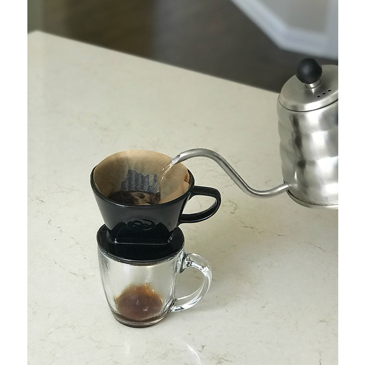 Coffee Pour Over Single Cup Ceramic Brewer Coffee Maker by Simply Charmed (Black)