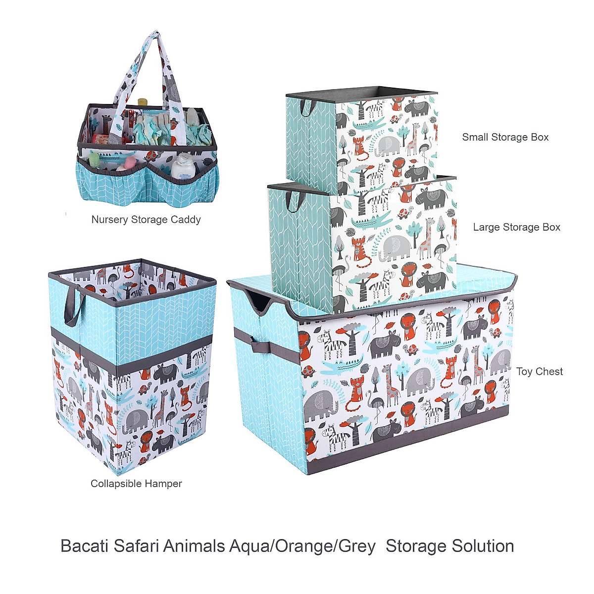 Bacati - Small Storage Tote Safari Animals Aqua/Orange/Gray Boys 10 x 10 x 10 inches