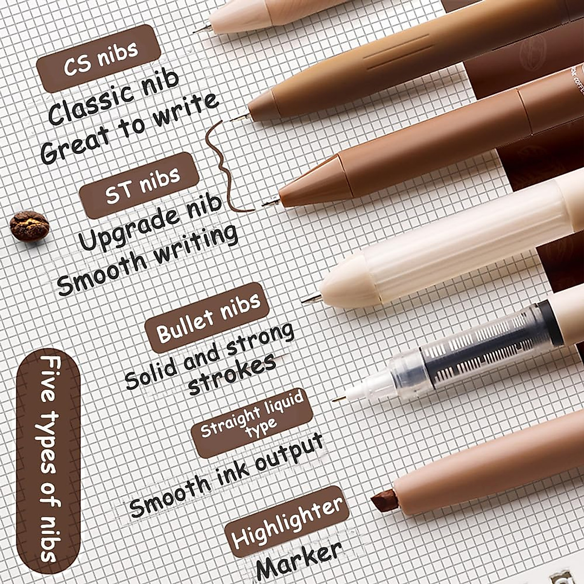 LSLSHY Cute Coffee Pens 5Pcs Gel Ink Pens Retractable Pens and 1Pcs Highlighter 0.5mm Fine Point Black Ink Kawaii Smooth Writing Pens for School Office Supplies Aesthetic Supplies Pens