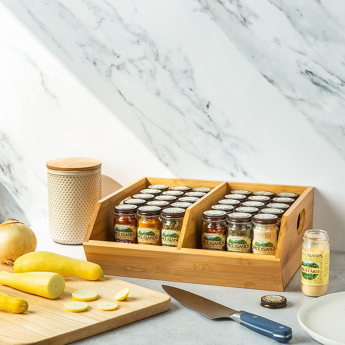 Merlin's Market Space-Saving Bamboo Organizer Bin - Polished 14'' Aesthetic Wood Basket with Ergonomic handles & non-slip feet Spacious box declutters your Kitchen, Bathroom, Bedroom and More