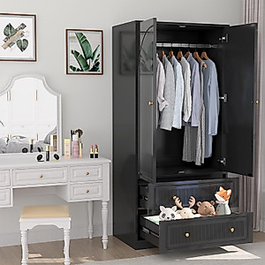 Buenhomino 71" Wardrobe Closet with 2 Door & 2 Drawer, Bedroom Wooden Armoire with Hanging Rod Shelf, Freestanding Large Capacity Clothing Wardrobe Cabinet w/Gold Handles for Bedroom - Black