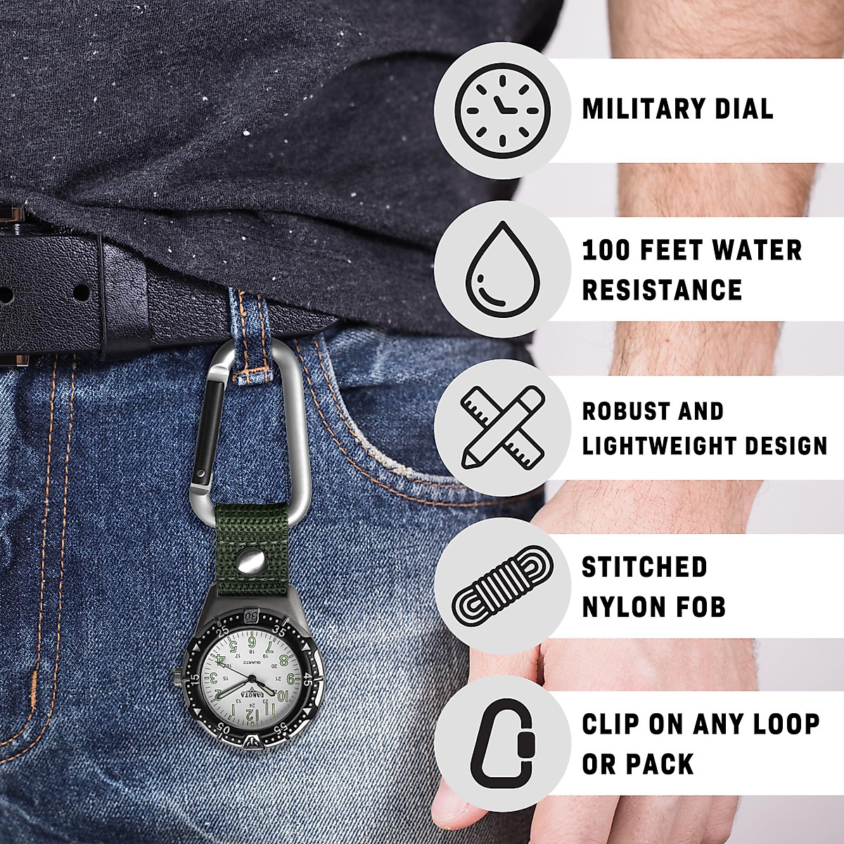 Dakota Backpacker Clip, Watch, Lightweight watch, Outdoor Gifts for Men and Women, Use for Fishing, Hunting, Golf and More, Tactical, Watch-Green