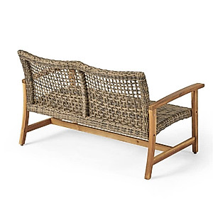 Great Deal Furniture Marcia Outdoor Wood and Wicker Loveseat, Natural Finish with Gray Wicker