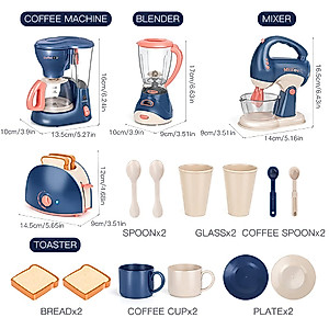 Aomola Kitchen Appliances Toy,Kids Kitchen Pretend Play Set with Coffee Maker Machine,Toaster, Blender and Mixer with Realistic Light and Sounds, Play Kitchen Set for Kids Ages 4-8