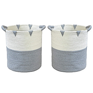 VIEIRO Cotton Rope Storage Baskets,2-Pack 12 inch x12 inch x14 inch Round storage Woven Basket,Cube Storage Bin,Collapsible Laundry Basket In Bedroom,Laundry Room,Nursery and Living Room For kids and Pets Clothes,Toy,Towels,Blanket(White and Gray)