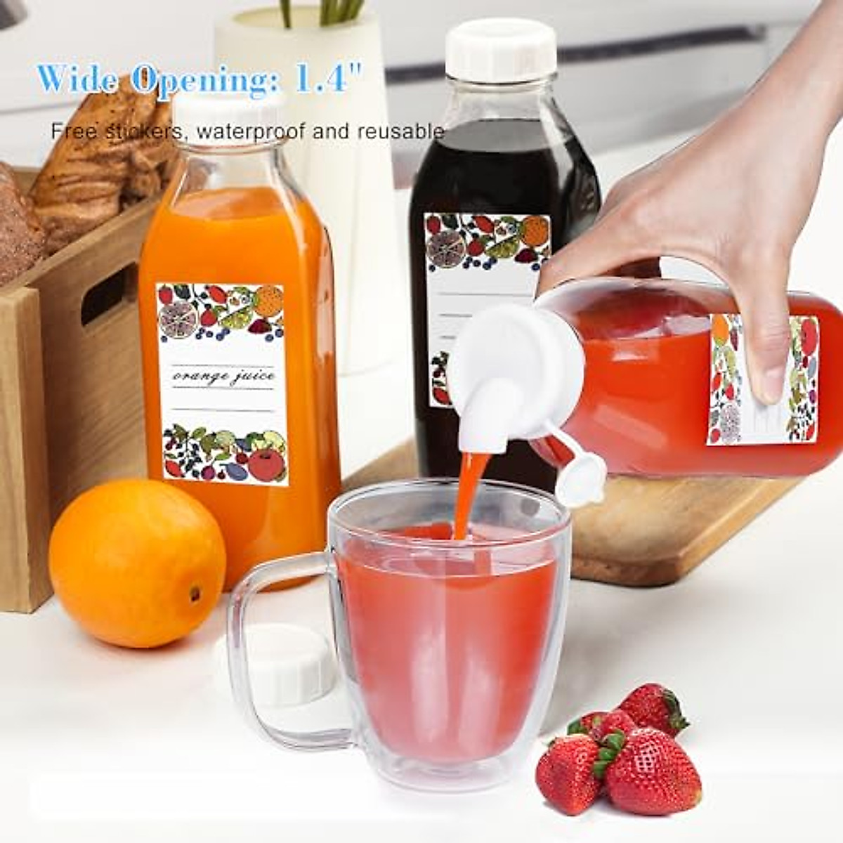 Milk Bottle with Dispenser Cap, 100% Airtight Heavy Duty Screw Lid. 2 Pack 32 Oz Reusable Glass Bottles with 3 Lids! Jug Pitcher, Buttermilk, Water, Juice Bottles w Cap, Syrup, Honey