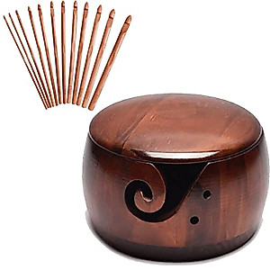 Wooden Yarn Bowl,Yarn Bowls with Lid for Knitting Crochet Yarn Ball Holder Handmade Yarn Storage Bowl for DIY Knitting Crocheting Crochet Kit Organizer Accessories with 12 Crochet Hooks (Dark Wood)