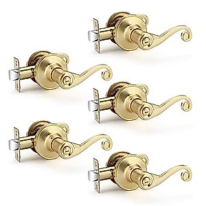 Bonpoly 5 Pack Gold Door Handles, Satin Brass Door Handle, Wave Handle Privacy Door Lever Bed/Bath Door Lockset, Right Handing
