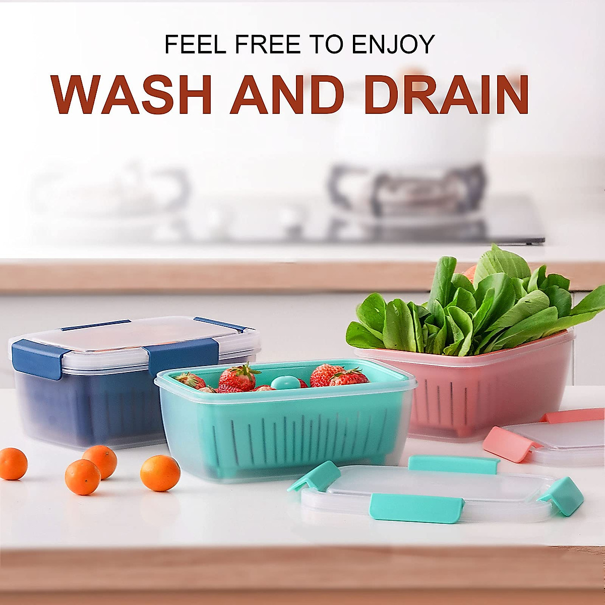 shopwithgreen 68oz Berry Keeper Container, Fruit Produce Saver Food Storage Containers with Removable Drain Colanders, Vegetable Fresh Keeper Set | Refrigerator Organizer