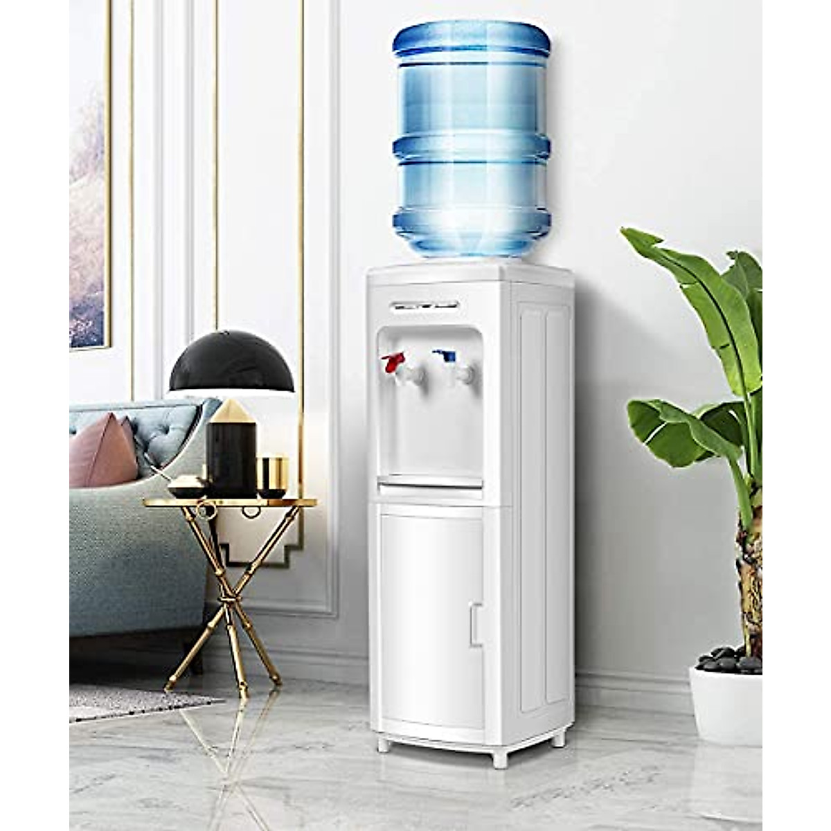 KOTEK Water Coolers Water Dispenser, Hot & Cold Top Loading Water Cooler Dispenser Holds 3 or 5 Gallon Bottles w/ Child Safety Lock, Removable Drip Tray & Storage Cabinet for Home Office School, White