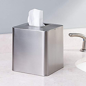 mDesign Metal Square Tissue Box Cover for Bathroom - Modern Steel Holder/Dispenser for Paper Facial Tissues - Bathroom Tissue Box Cube for Counter - Avia Collection - Brushed Stainless Steel