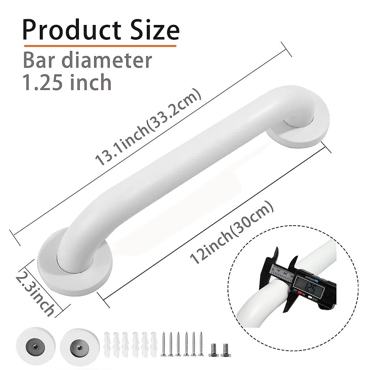 Rackickyer Shower Grab Bar, 2 Pack 12 Inch White Bathroom Grab Bar, 1.25" Diameter 304 Stainless Steel Anti-Slip Grab Bars for Bathtubs and Showers, Handicap Shower Grab Bar for Seniors Elderly