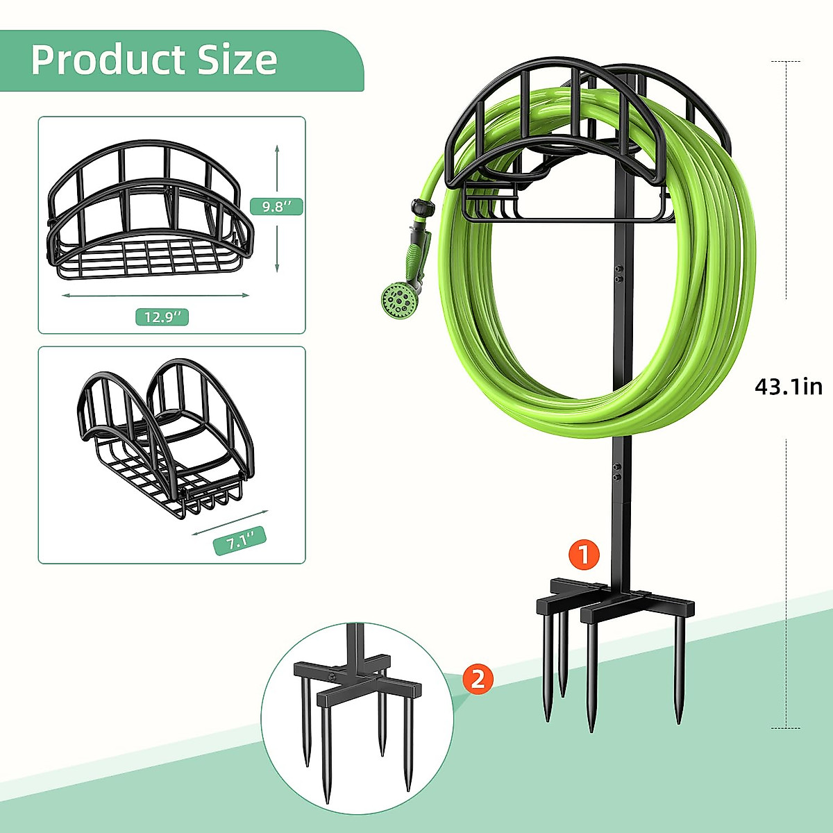 Yumatum Garden Hose Holder, Upgraded Metal Hose Reel with Tool Storage Basket, Heavy Duty Freestanding Water Hose Holders Holds 150ft Hose, Detachable Hose Storage Hanger for Outside
