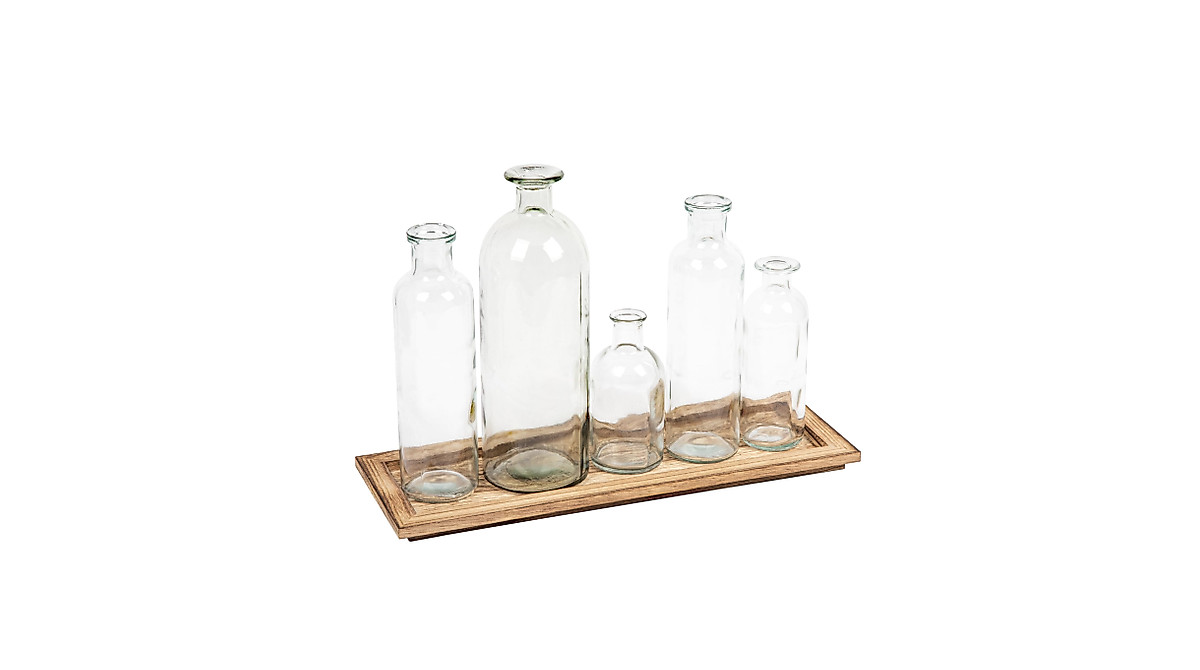 Vintage Bottle Vases Set on Wood Tray by Creative Co-Op