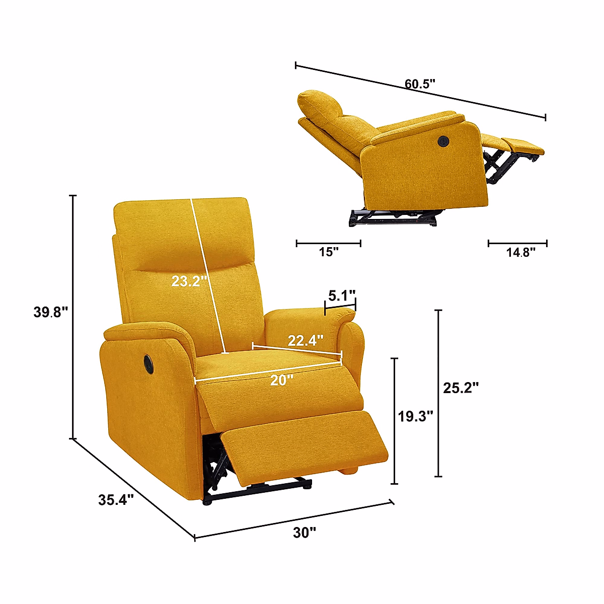 BEZAL Electric Power USB,Fabric Single Sofa, Home Theater Seating with Recliner Function,Ergonomic Lounge Chair for Small Room 35.4" D x 30" W x 39.8" H, Yellow