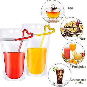 LOMIMOS 50 PCS Stand-Up Plastic Drink Pouches,Reusable Heavy Duty Hand-Held Translucent Reclosable Zipper Drink Bag with 50 Straws for Smoothie Juice Adult Party