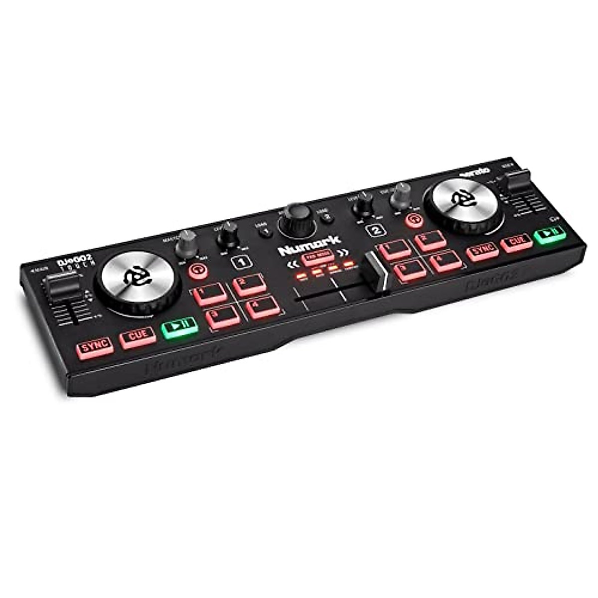 Numark DJ2GO2 Touch – Compact 2 Deck USB DJ Controller For Serato DJ with a Mixer / Crossfader, Audio Interface and Touch Capacitive Jog Wheels,Black