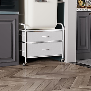 Alavoco 2 Drawer Dresser, 120LBS Fabric Storage Tower, 2 Drawer Storage Cart, Mini Fridge Stand with Storage, Metal Frame Iron Top, 4 Swivel Wheels for Home Kitchen, White