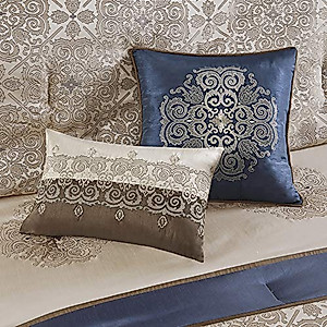 Madison Park Essentials Delaney 24-Piece Room In A Bag Comforter Set-Satin Jacquard All Season Luxury Bedding, Sheets, decorative pillows and Curtains, Valance, King (104 in x 92 in), Medallion Navy