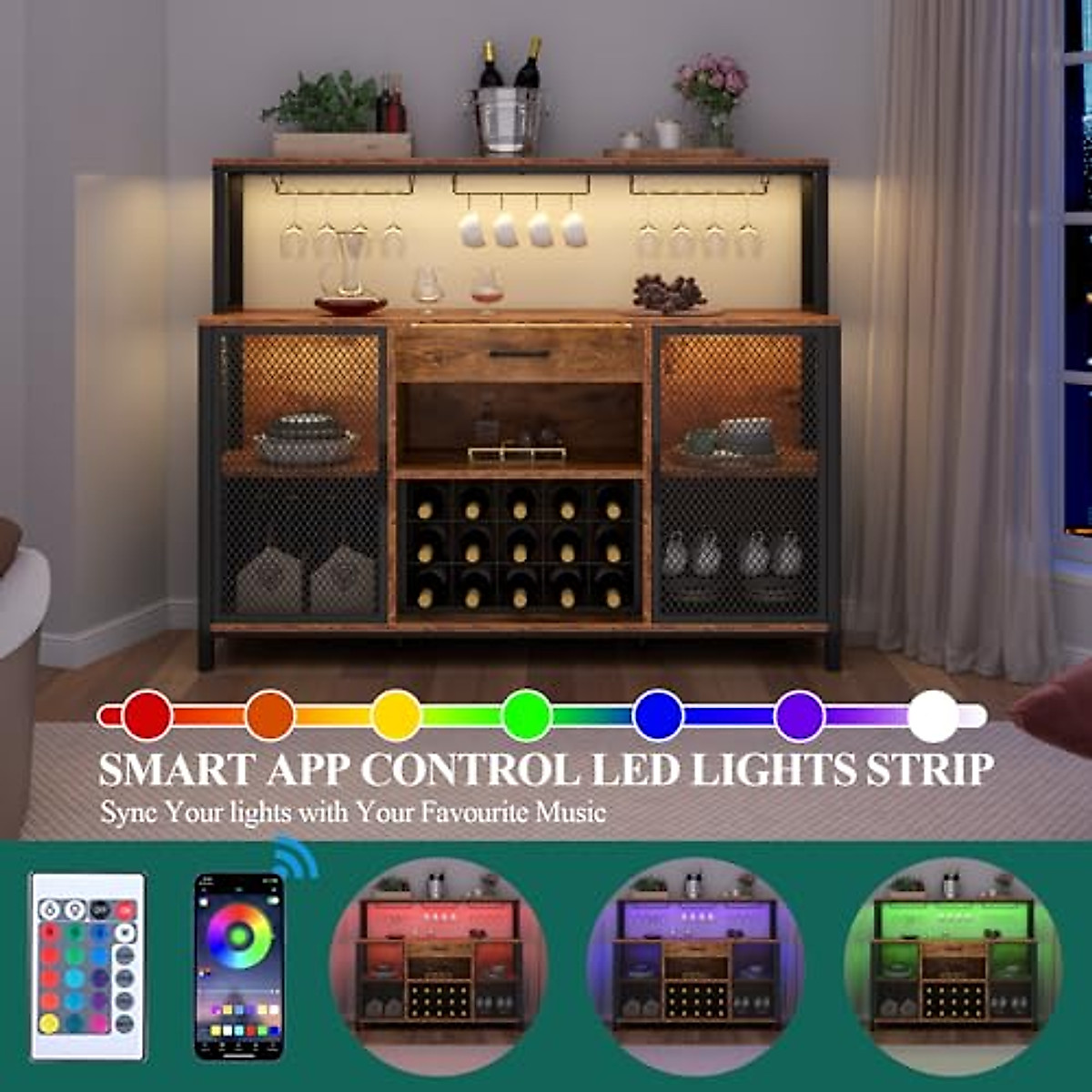 Gyfimoie Wine Bar Cabinet with Drawer and LED Lights, 55 Inches Industry Coffee Bar Cabinet with Wine Rack and Glass Goblet Holder, Kitchen Sideboard Buffet Cabinet for Liquor and Goblet