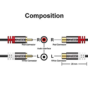 JX-E 2 RCA Extension Cable, Copper Shell 2 RCA Male to 2 RCA Female Stereo Audio Extension Cable, 3 Feet