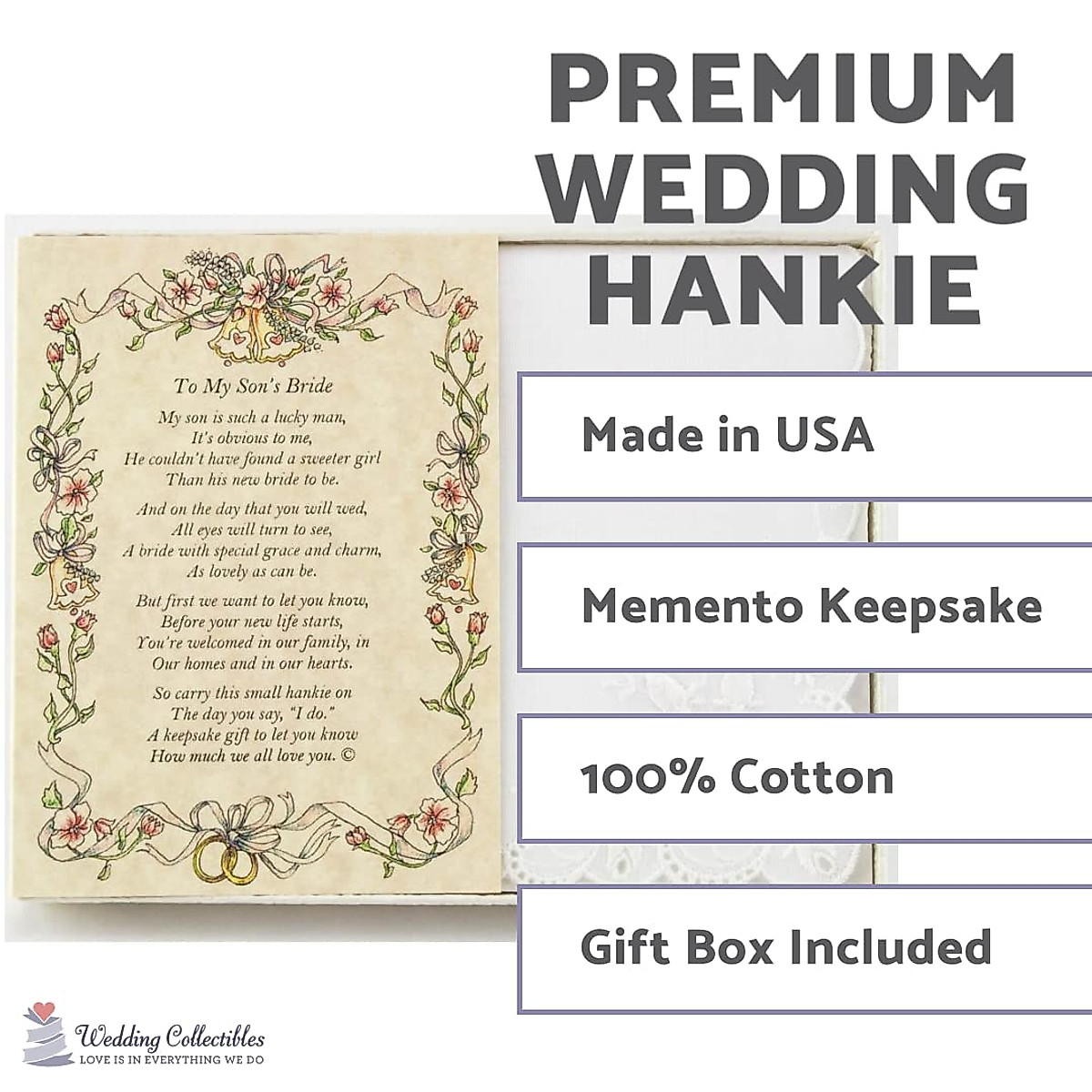 Wedding Handkerchief Poetry Hankie (Groom’s Mother to Bride) White, Lace Embroidered Bridal Keepsake, Beautiful Poem Card | Long-Lasting Memento for The Bride | Includes Gift Storage Box