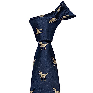 Barry.Wang Men Tie Set Dinasour Navy Gold Silk Necktie Pocket Square Cufflinks Formal Wedding Party Business Festival