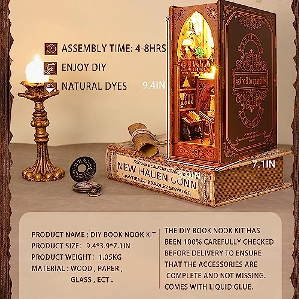 DIY Book Nook Kit,Dollhouse BookNook Bookshelf,3D Wooden Puzzle Bookends, Book Nook Miniature Kits with LED Light for Adults