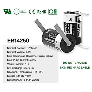 EEMB ER14250 Nonrechargeable 3.6V Lithium Battery with Tabs Li-SOCL₂ 1/2 AA Size 1200mAh High Capacity UL Certified Single-Use 3.6V Lithium Thionyl Chloride Battery DO NOT Charge Battery