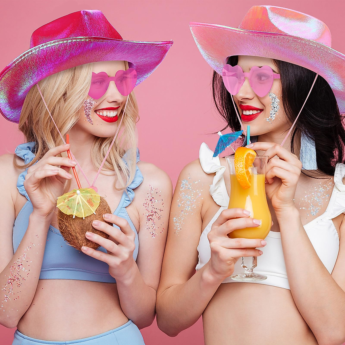 Coume 23 Pcs Cowboy Light up Hat Bulk Flashing Holographic Cowgirl Hats with Heart Sunglasses for Women Costume Accessories(Pink, White, Rose Red, Cute Style)