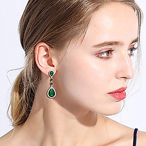 EleQueen Women's Silver-tone Cubic Zirconia Teardrop Bridal Dangle Earrings Emerald Color