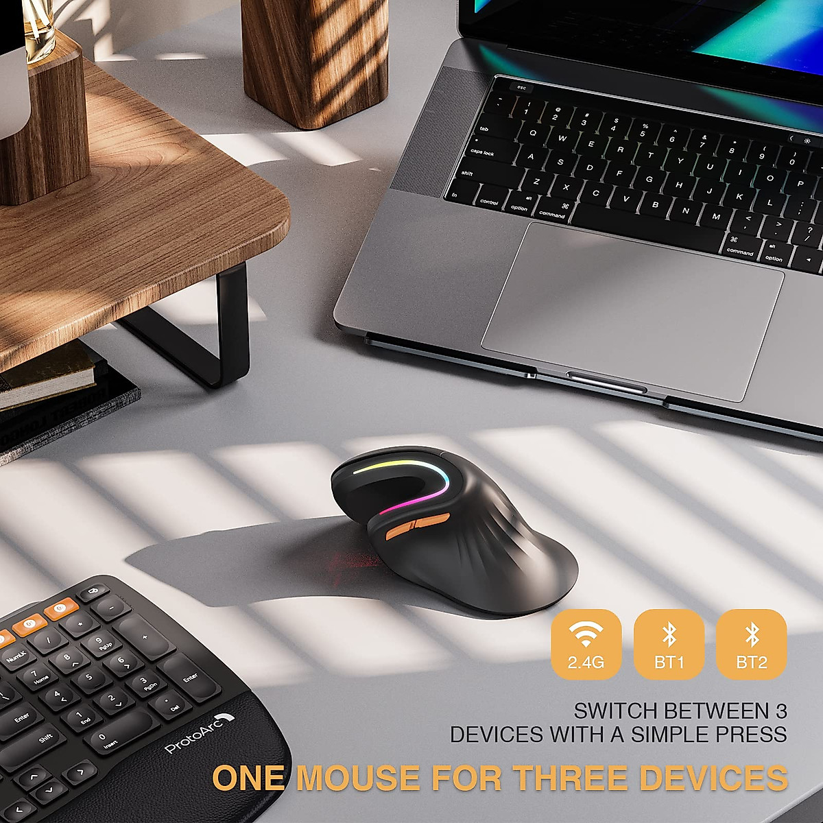 ProtoArc Ergonomic Mouse Wireless, EM11 Bluetooth Vertical Ergo Mouse, Rechargeable, 2.4G RGB Optical Vertical Mice with 3 Adjustable DPI, 3-Device Connection for PC, iPad, Mac, Windows (Black)