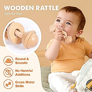 Tiny Land Montessori Toys for Babies 6-12 Months-4 in 1 Wooden Learning Educational Toy Set Includes Teething Toy, Rainmaker Baby Toy, Flash Card and Object Permanence Box-Gift for 1 Year Old Infant