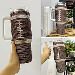 MYHOBBY Crystal 40 Oz Tumbler with Handle,Football Stainless Steel Water Bottle Double Wall Insulated Travel Mug,Good Gift For Ball Game Lover,Brown
