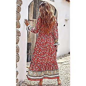 PRETTYGARDEN Women's Long Sleeve Floral Dress - V-Neck Casual Boho Fall Long Maxi Dresses for Wedding Guest (Red,Medium)